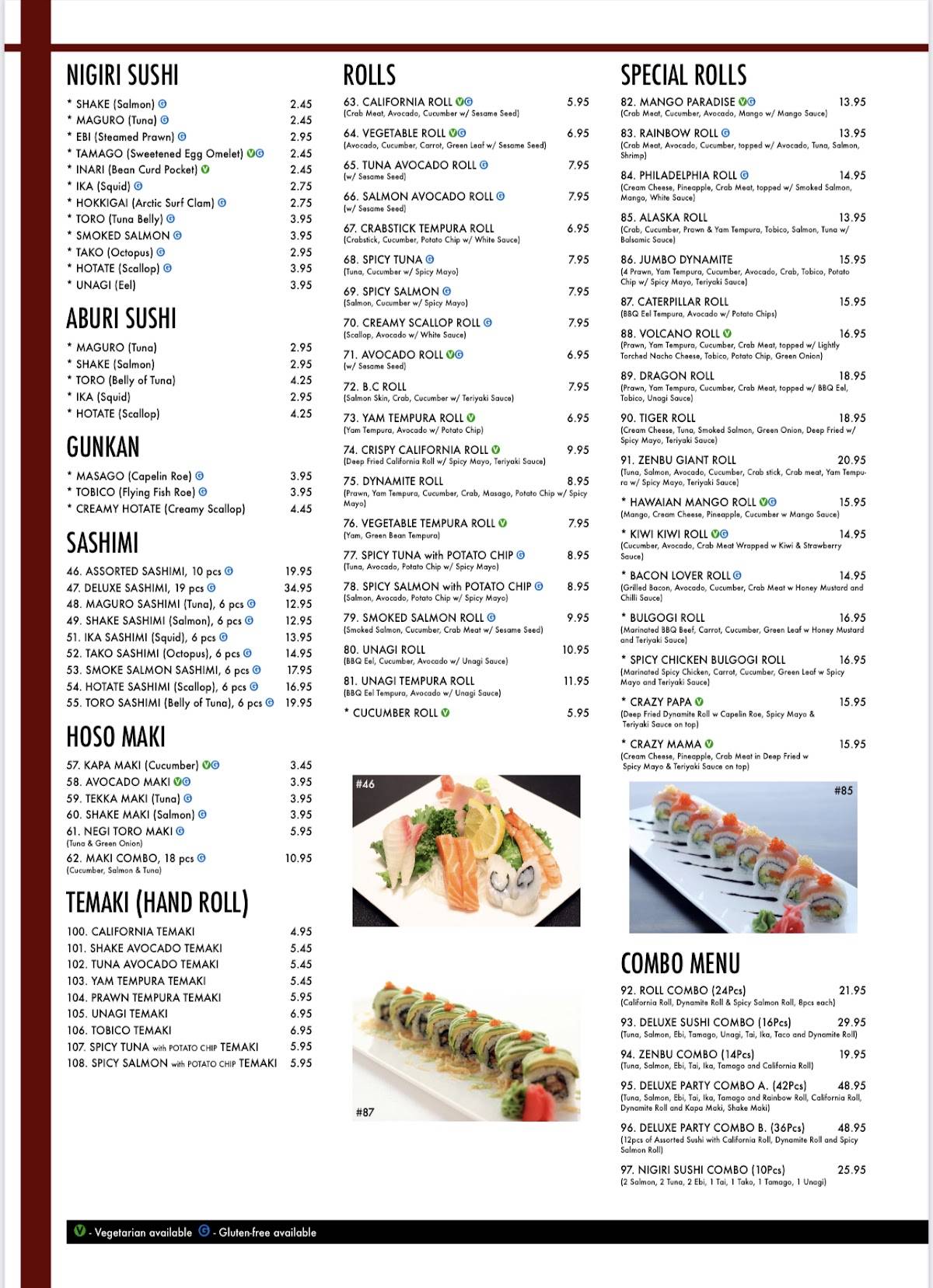Menu at Zenbu restaurant, Airdrie