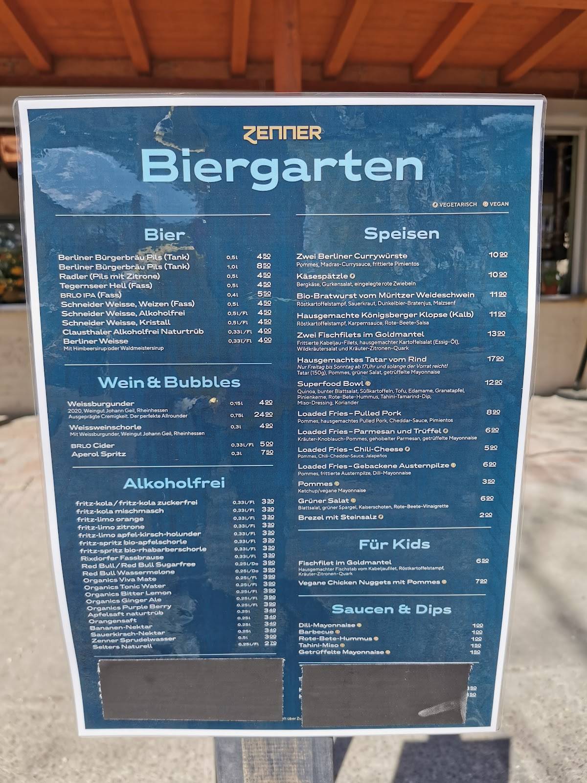 Speisekarte von Zenner Biergarten und Weingarten restaurant, Berlin