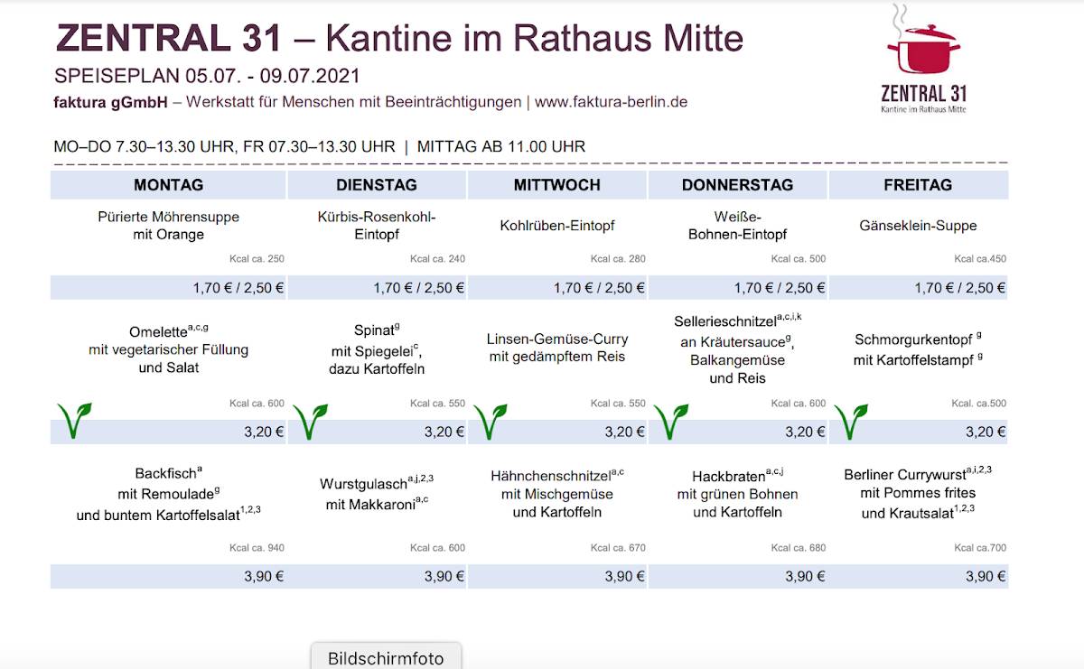 Speisekarte von Zentral 31 – Kantine im Rathaus Mitte restaurant, Berlin