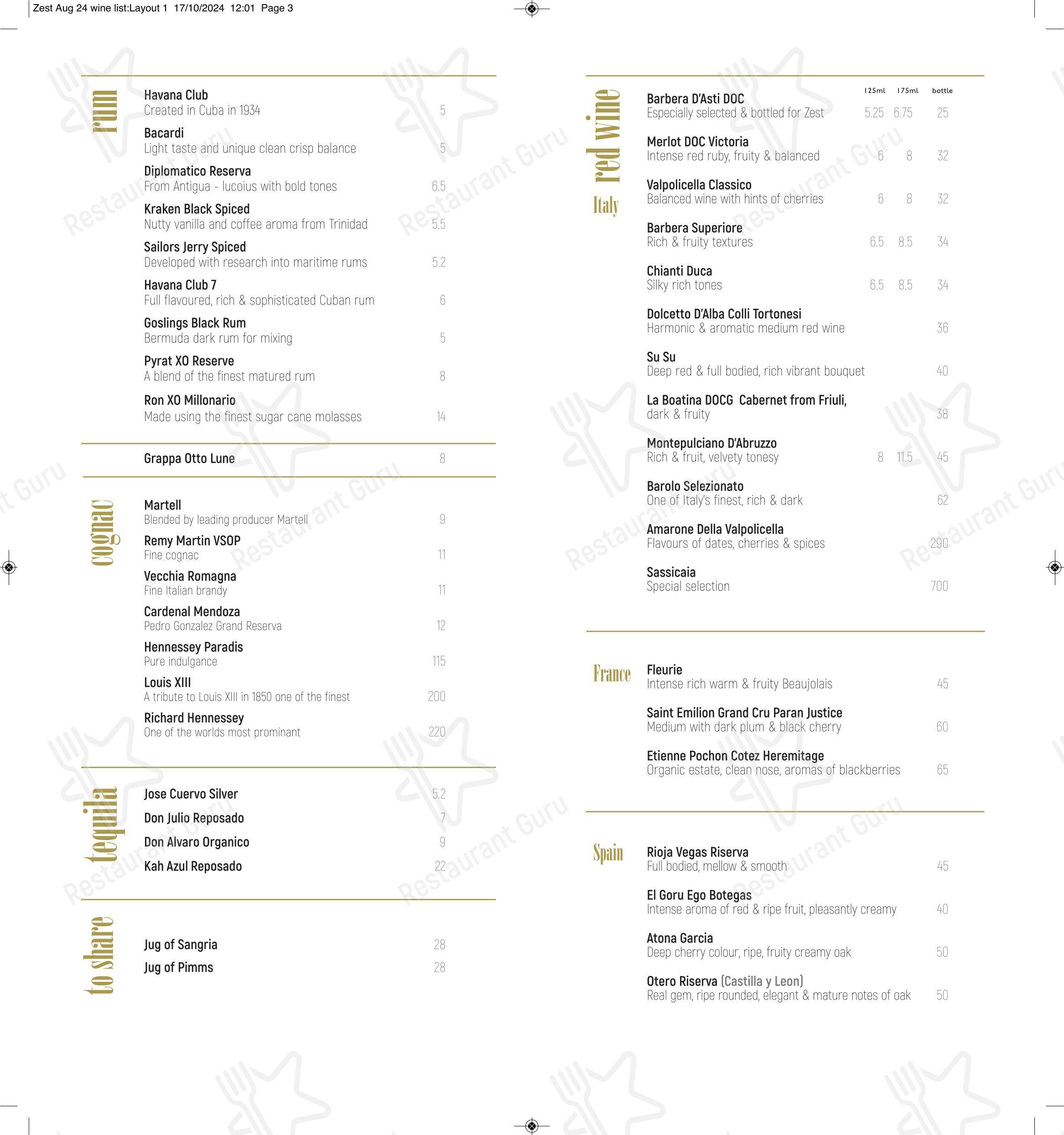 Menu at Zest Gastronomia restaurant, Lytham Saint Annes