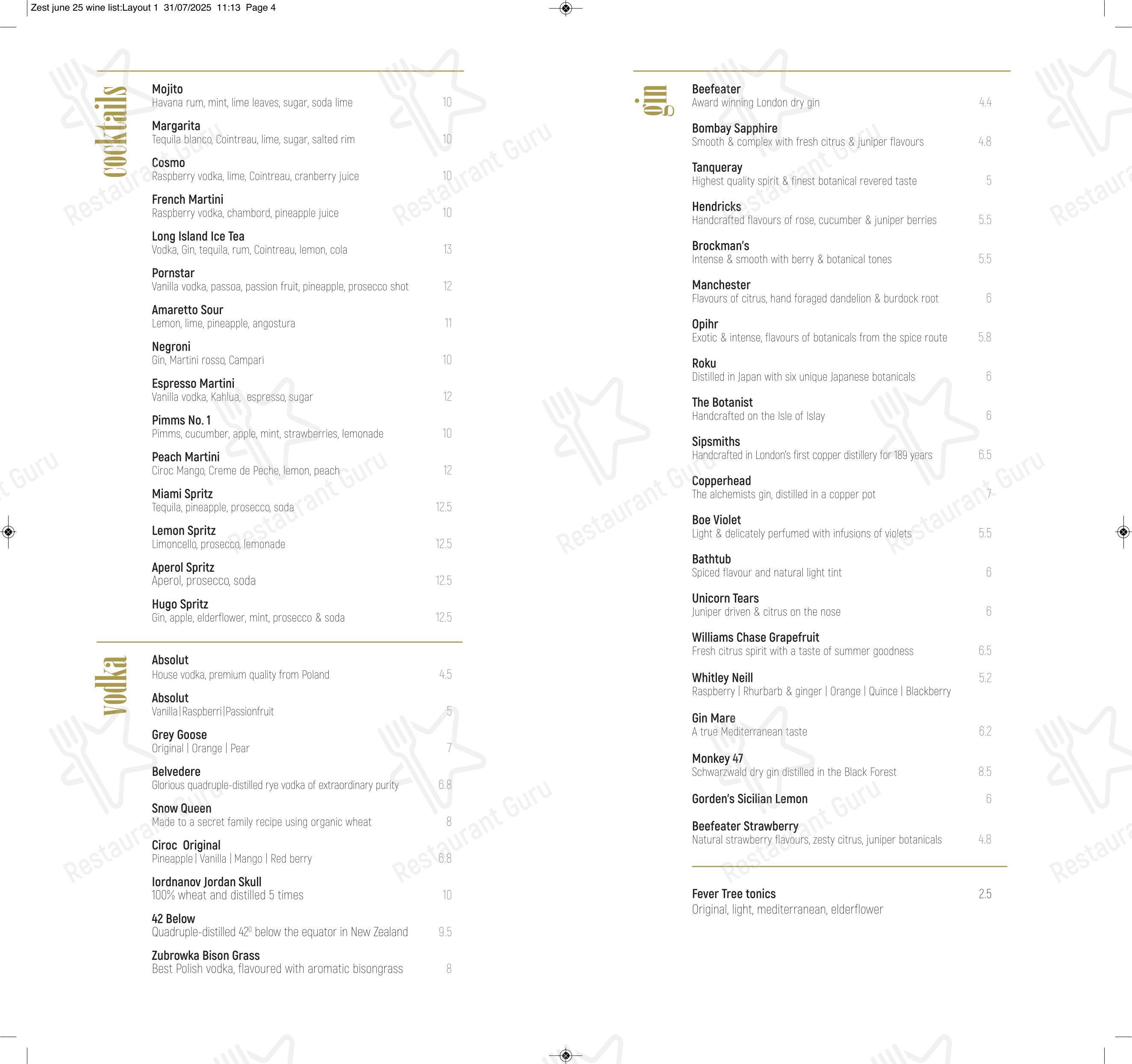 Menu at Zest Gastronomia restaurant, Lytham Saint Annes