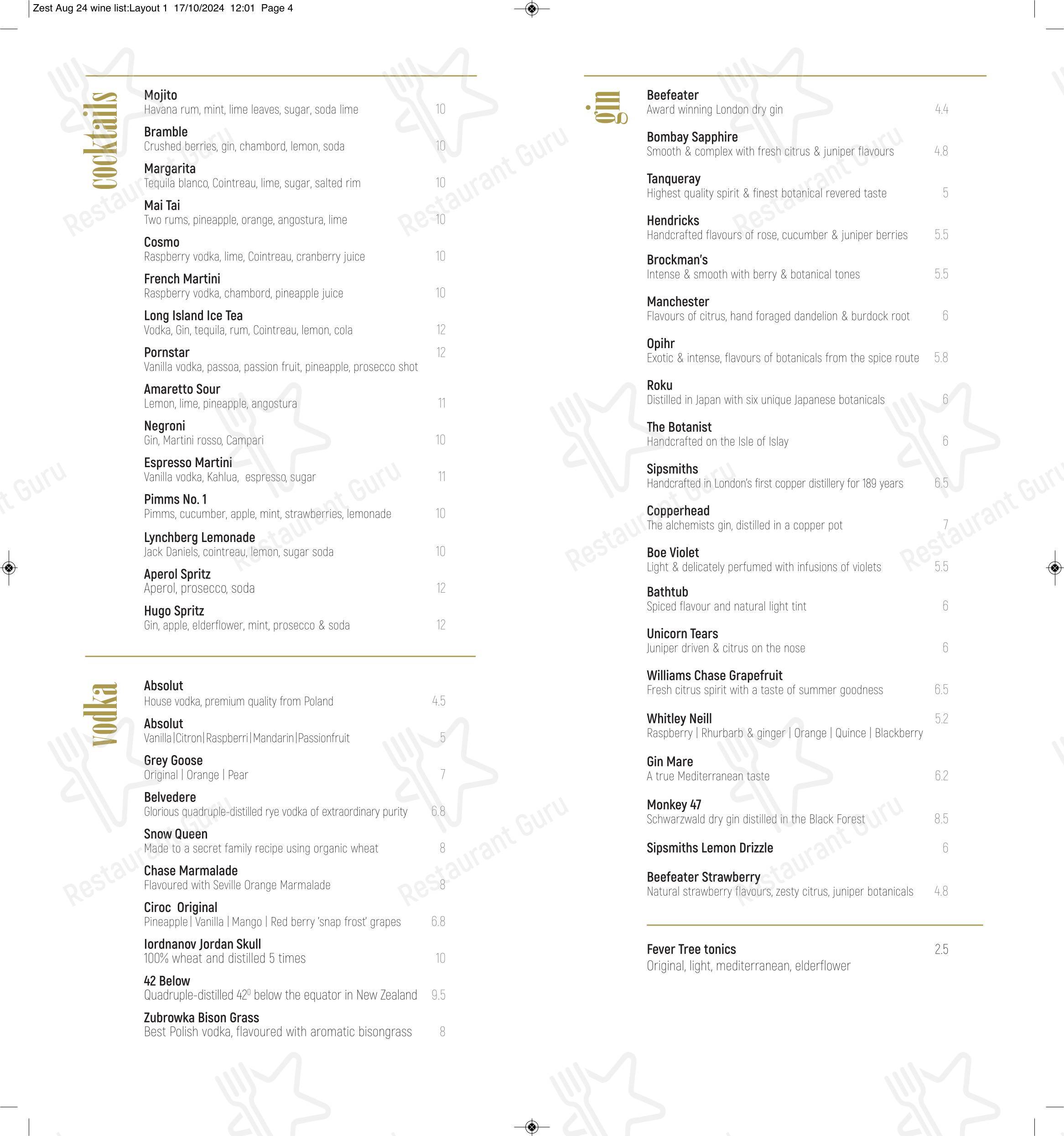 Menu at Zest Gastronomia restaurant, Lytham Saint Annes