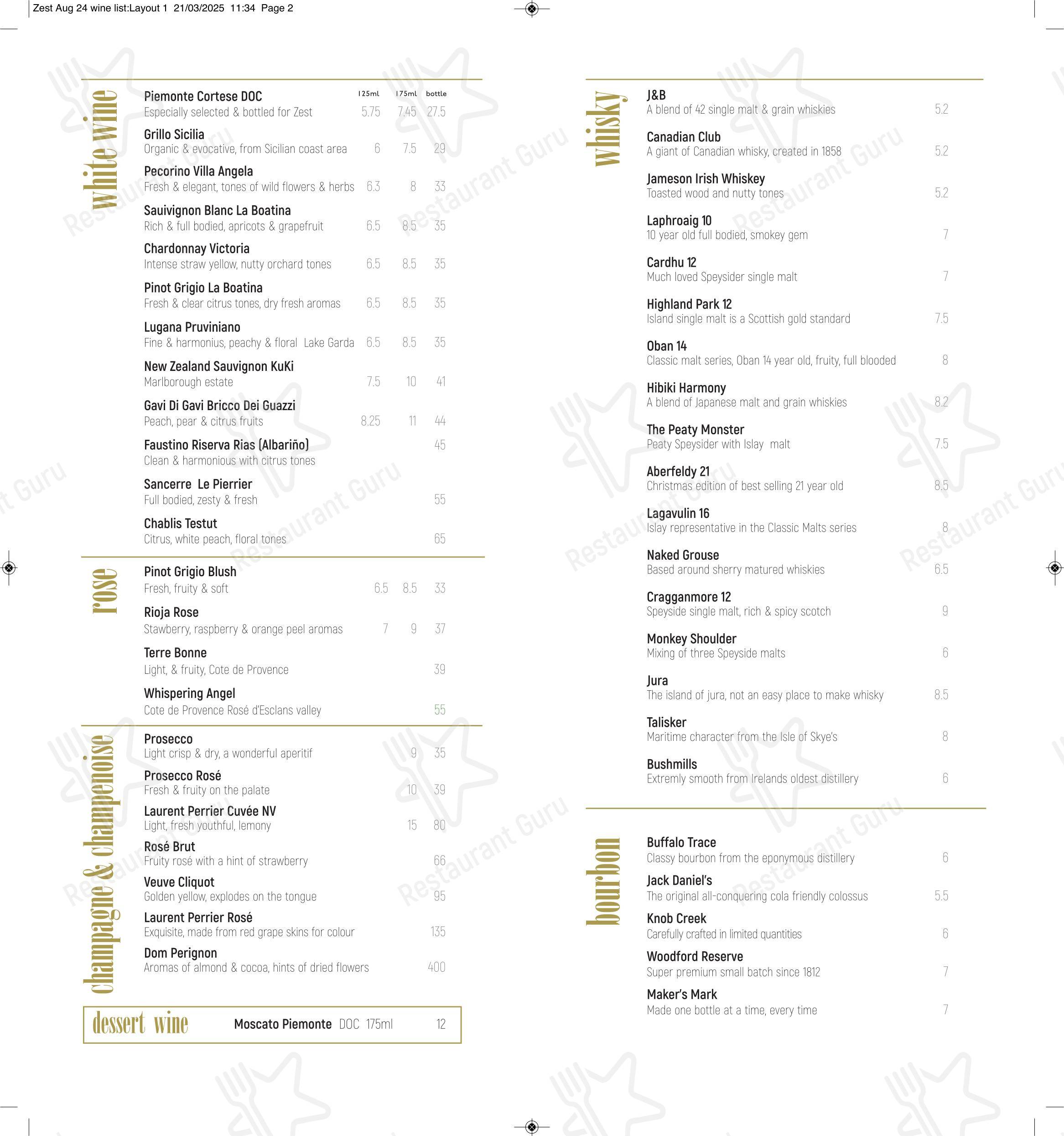 Menu at Zest Gastronomia restaurant, Lytham Saint Annes