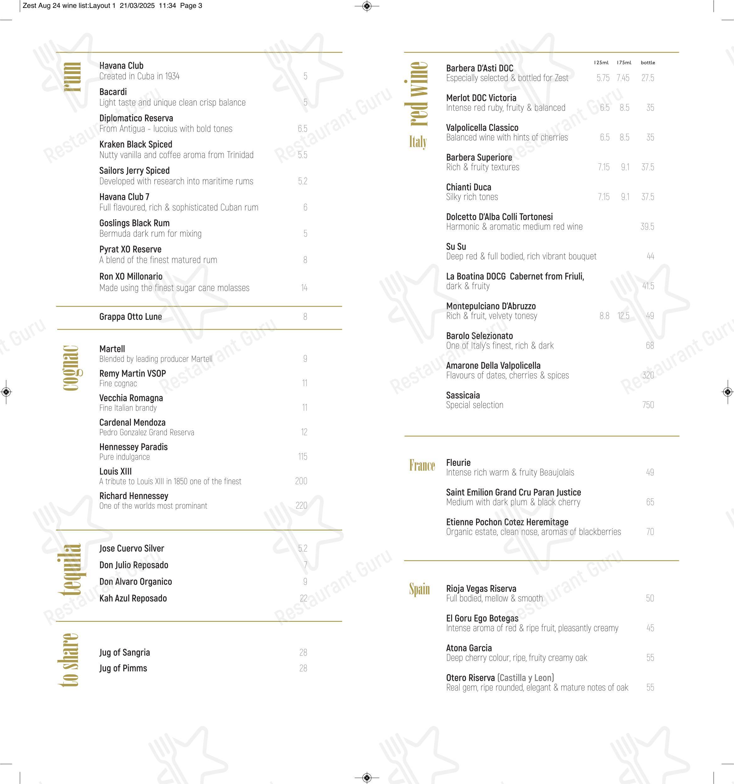 Menu at Zest Gastronomia restaurant, Lytham Saint Annes