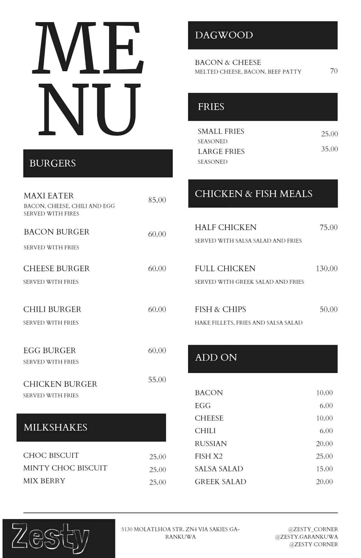 Menu at Zesty restaurant, Pretoria
