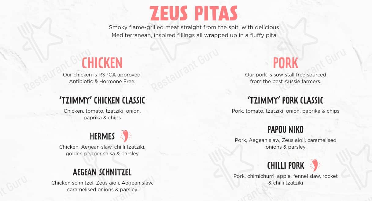 Carta del restaurante Zeus Street Greek Robina, Robina, Shop 1004/19 ...