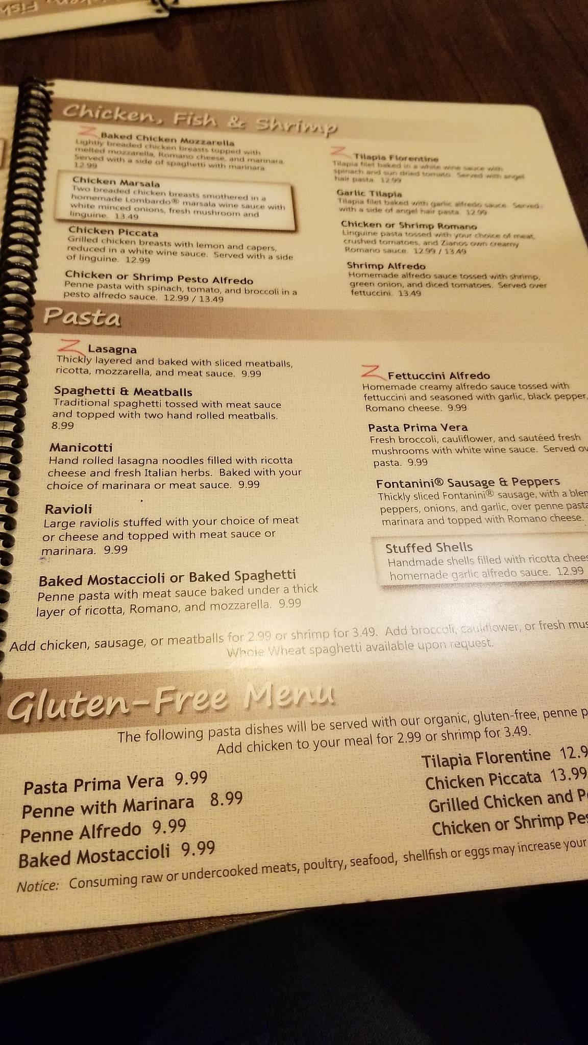Menu at Zianos Italian Eatery restaurant, Fort Wayne, 702 E Dupont Rd