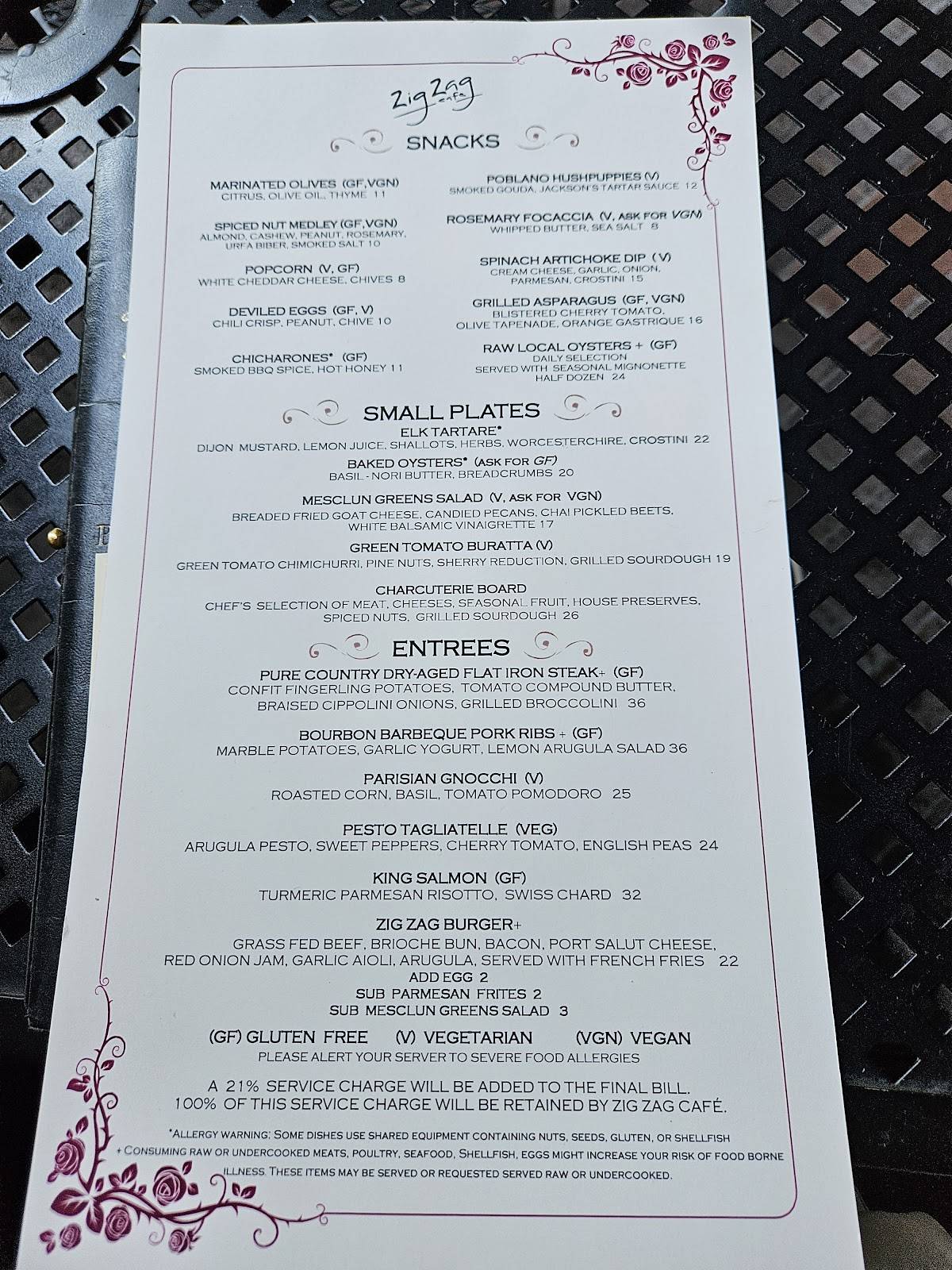 Menu at Zig Zag Cafe, Seattle