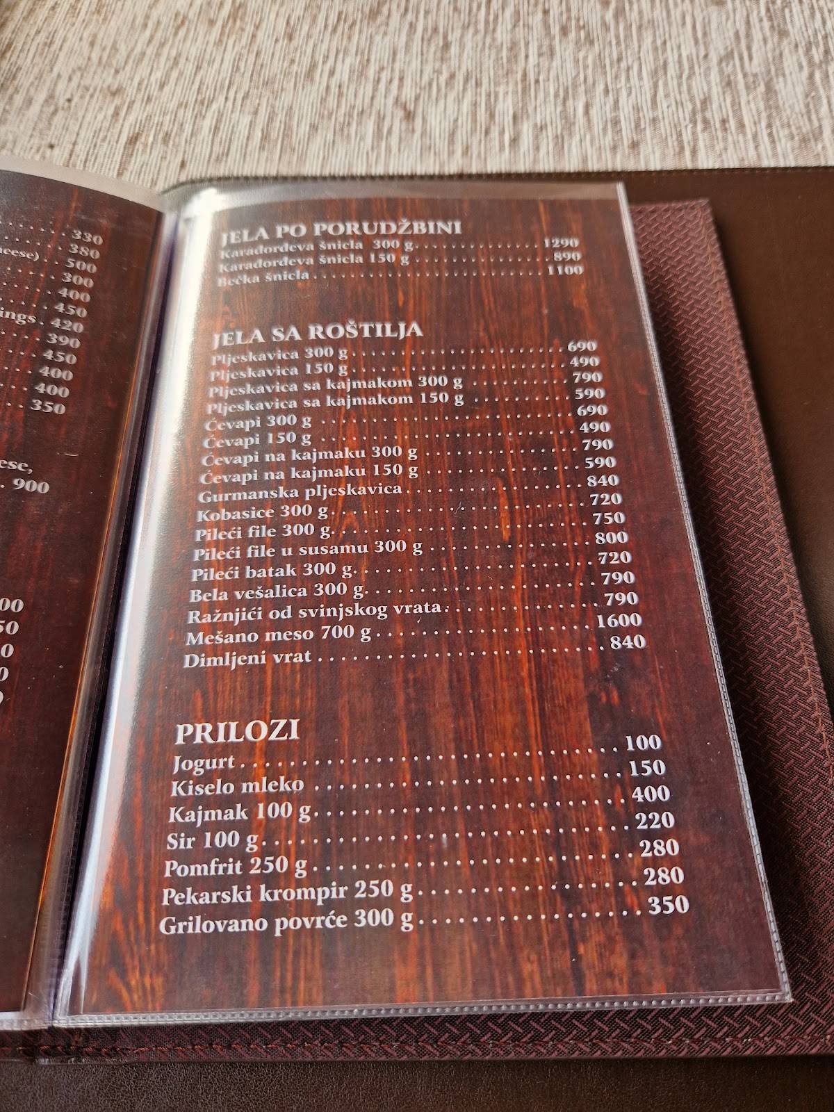 Menu at Златарски рибар, Kokin Brod