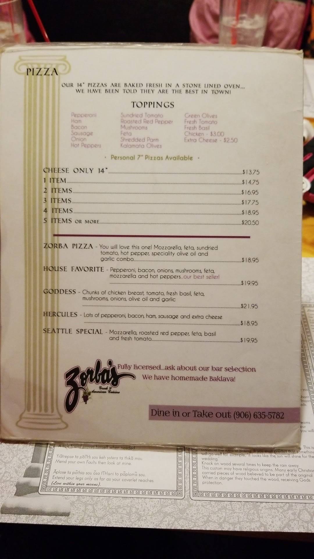 Menu at Zorba’s restaurant, Sault Ste. Marie