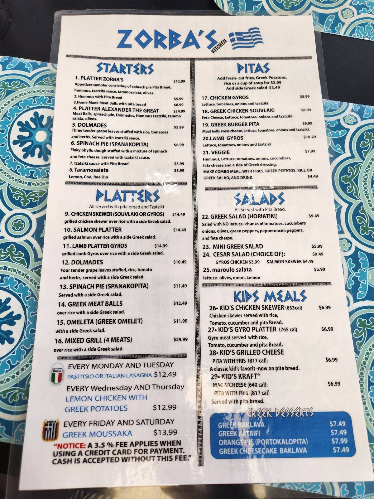 Menu at Zorba's Greek Kitchen restaurant, Orlando
