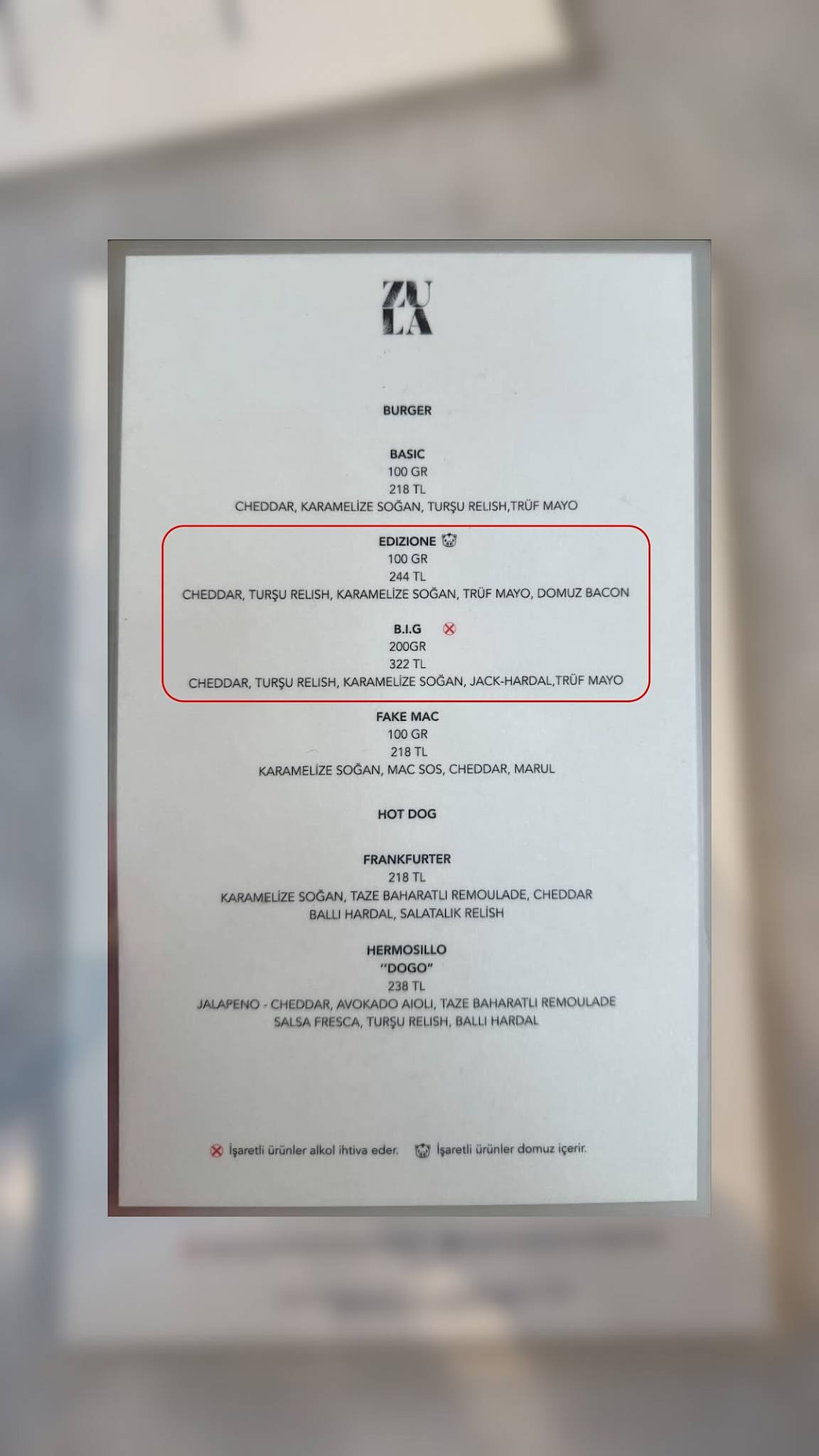 Menu at Zula Kanyon, Istanbul, Kanyon AVM