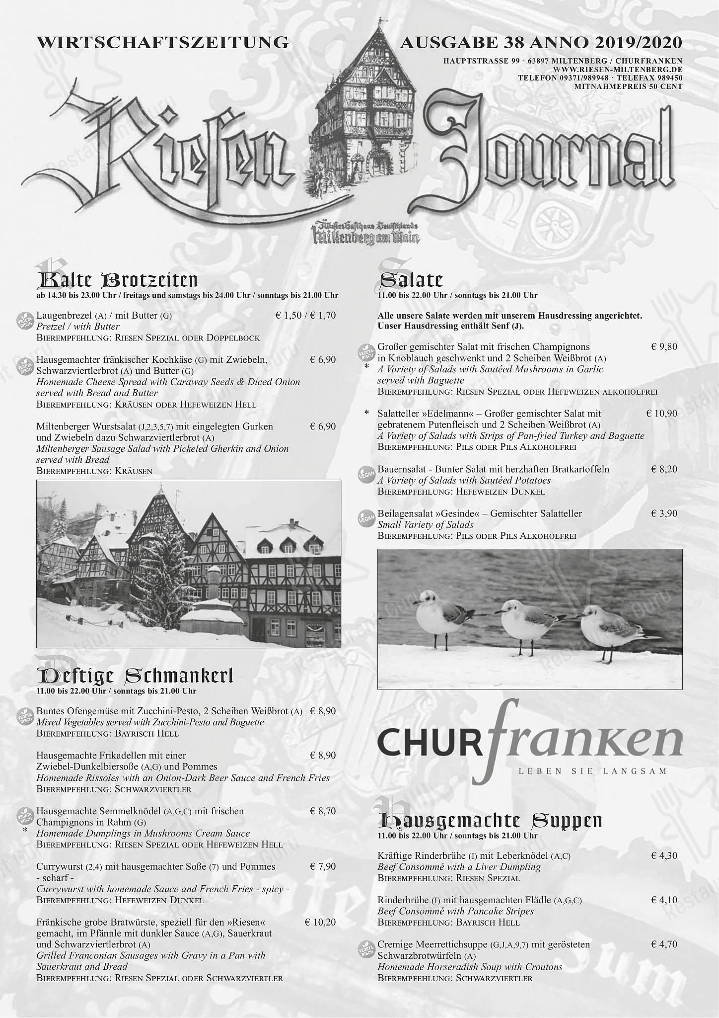 Carta del restaurante Gasthaus zum Riesen, Miltenberg