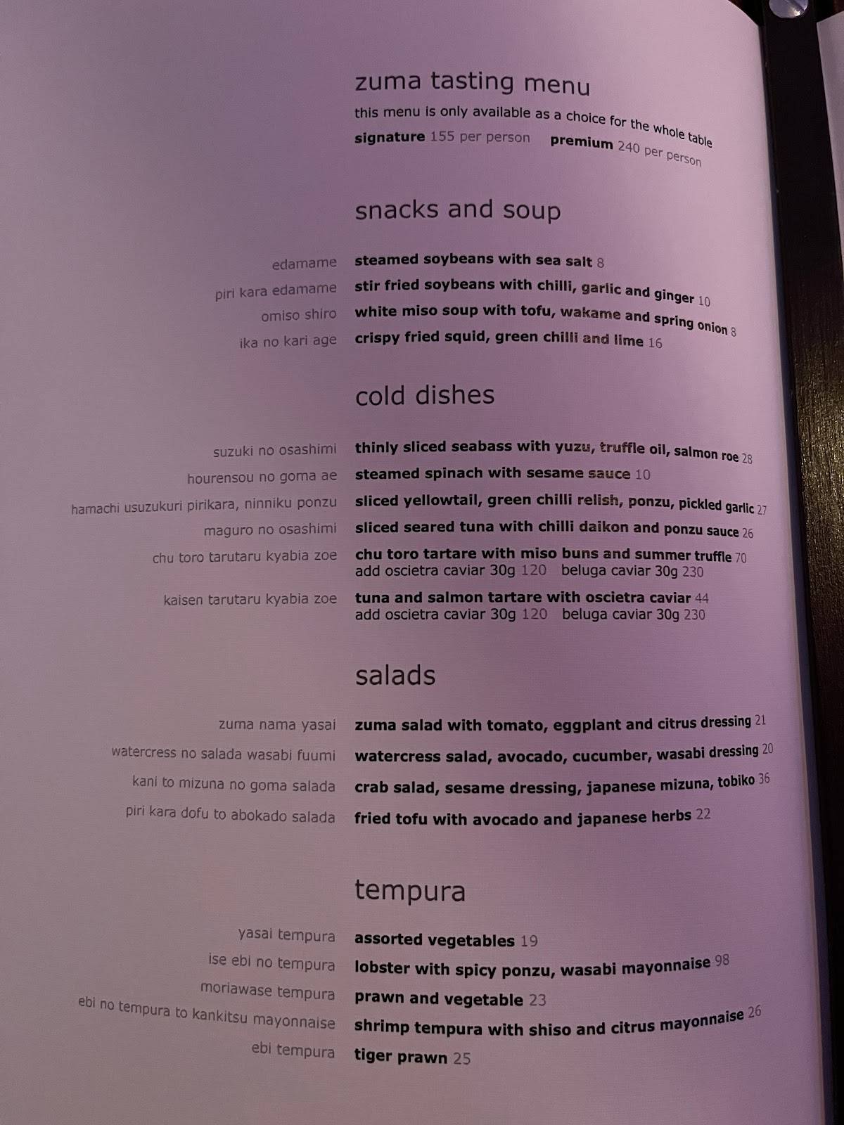 Menu at Zuma Mykonos, Mikonos