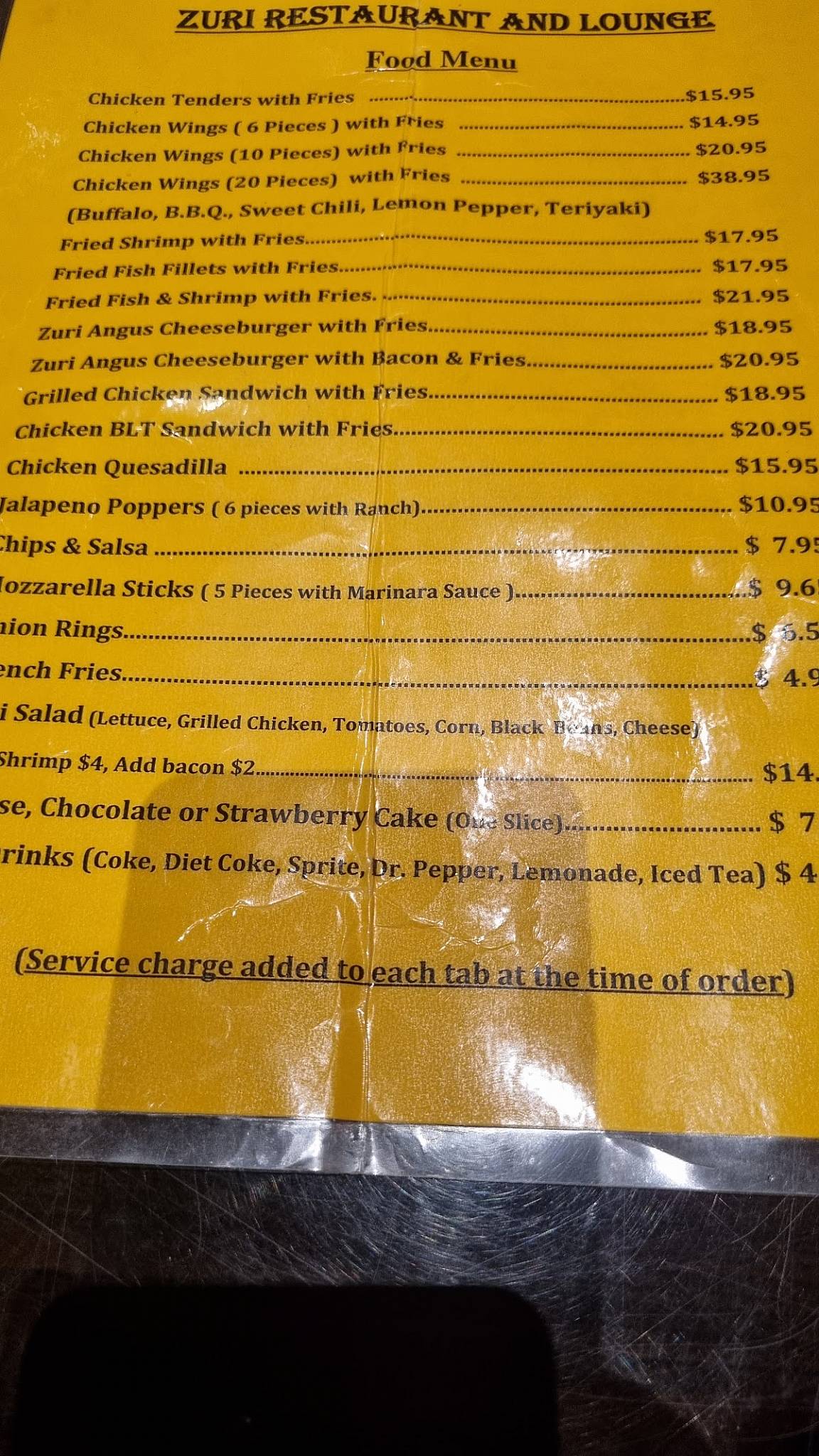 Menu at Zuri bar and Lounge, Arlington