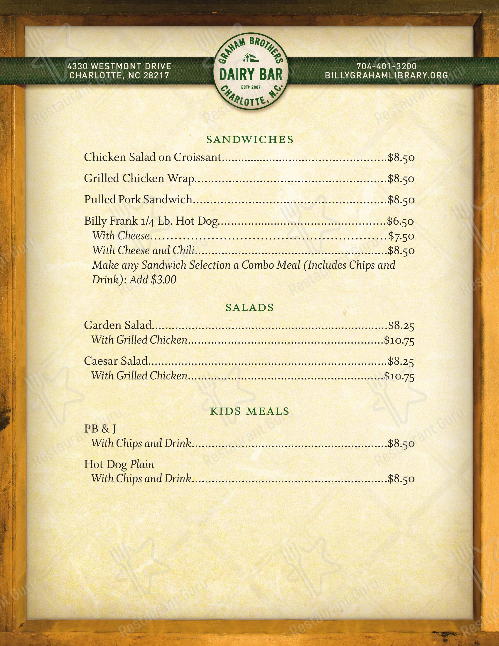 Menu at Billy Graham Library desserts, Charlotte