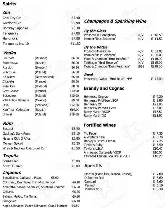 Menu at Jasmine Bar at Brooks Hotel, Dublin