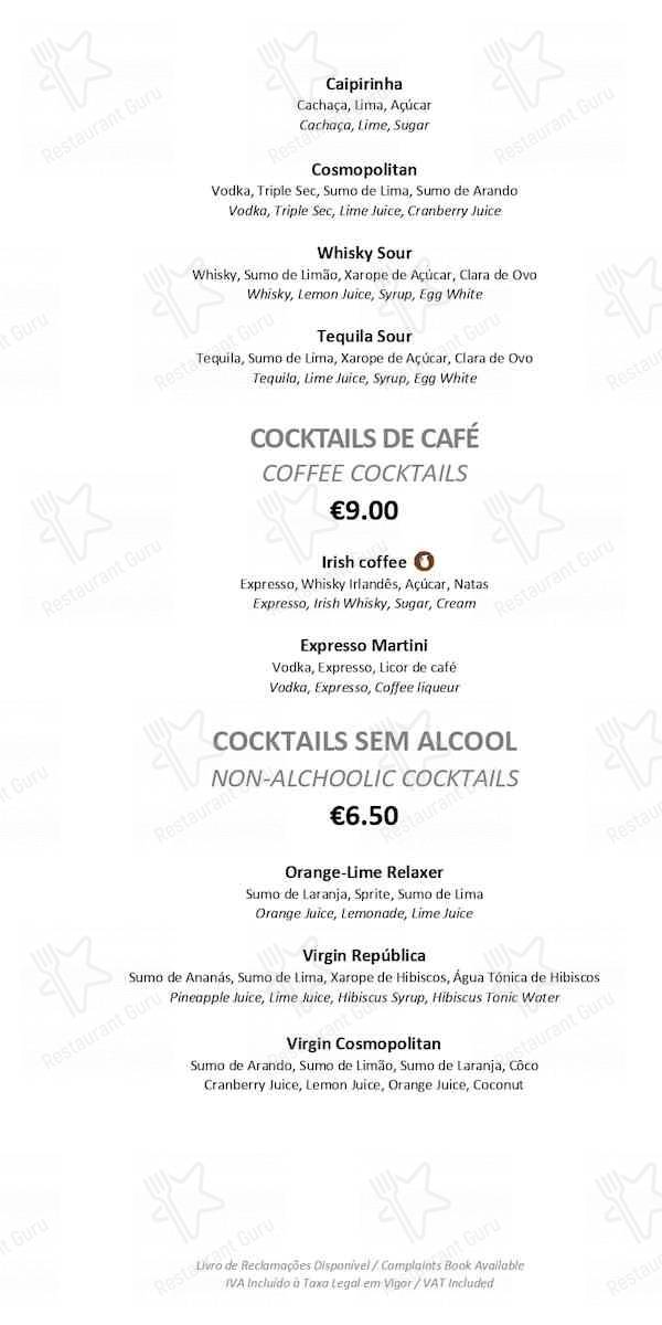 Menu at Jupiter Lisboa Hotel pub & bar, Lisbon