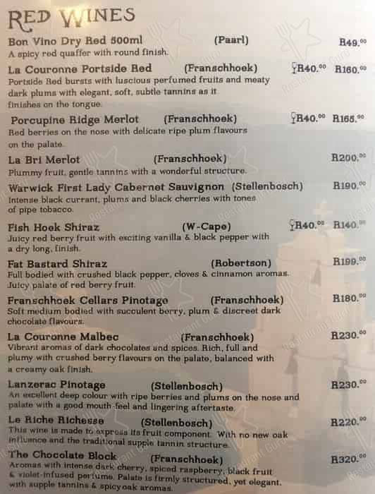 Menu at Taki's restaurant, Franschhoek