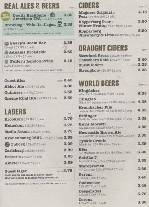 Menu at The Rocket - JD Wetherspoon pub & bar, London, Putney Wharf