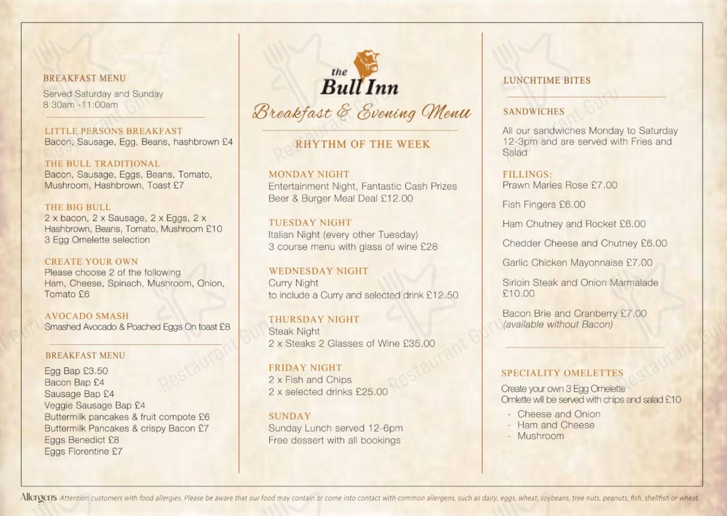 Menu at The Bull Inn pub & bar, Reading, The Bull Inn