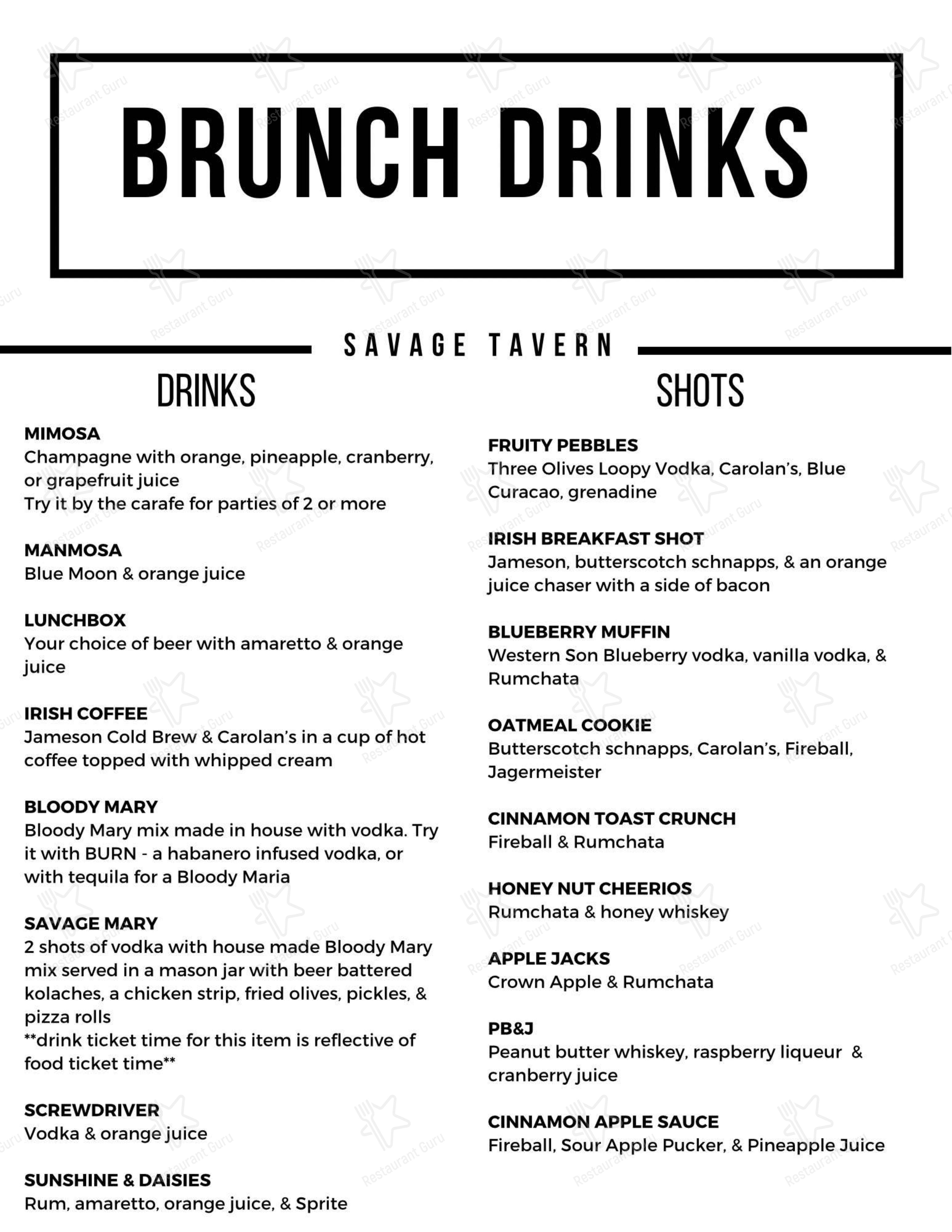 Menu at Savage Tavern pub & bar, Lubbock