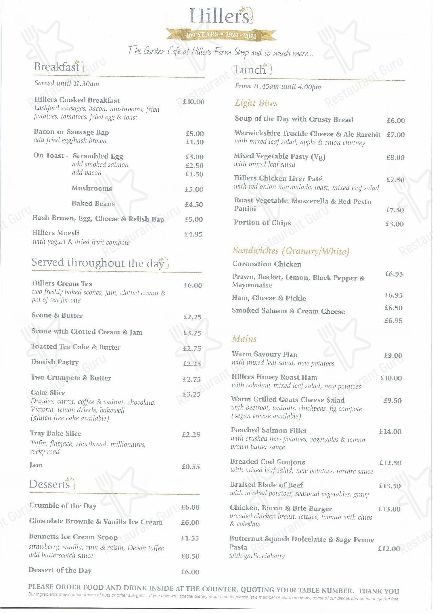 Menu at Hillers Garden Restaurant, Alcester, Dunnington