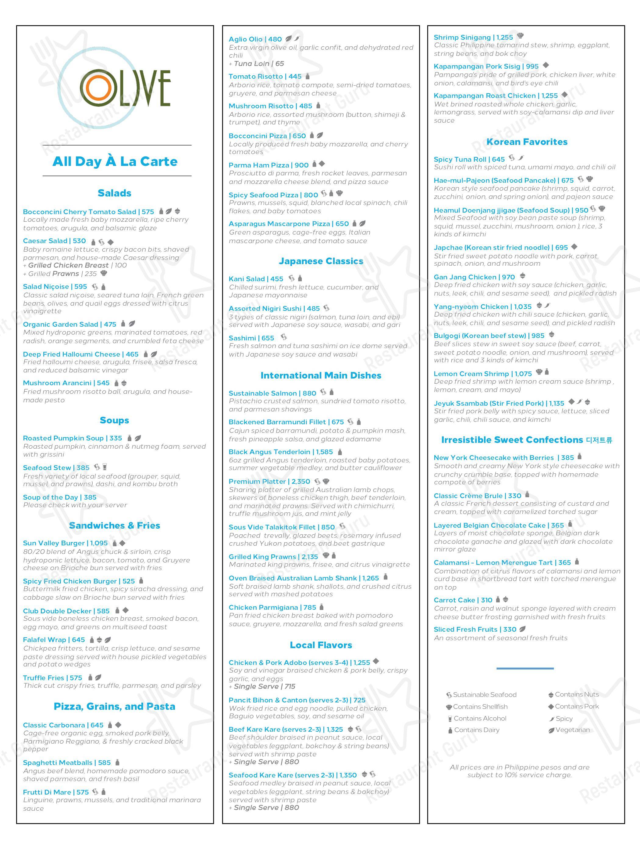 Menu at Olive restaurant, Mabalacat