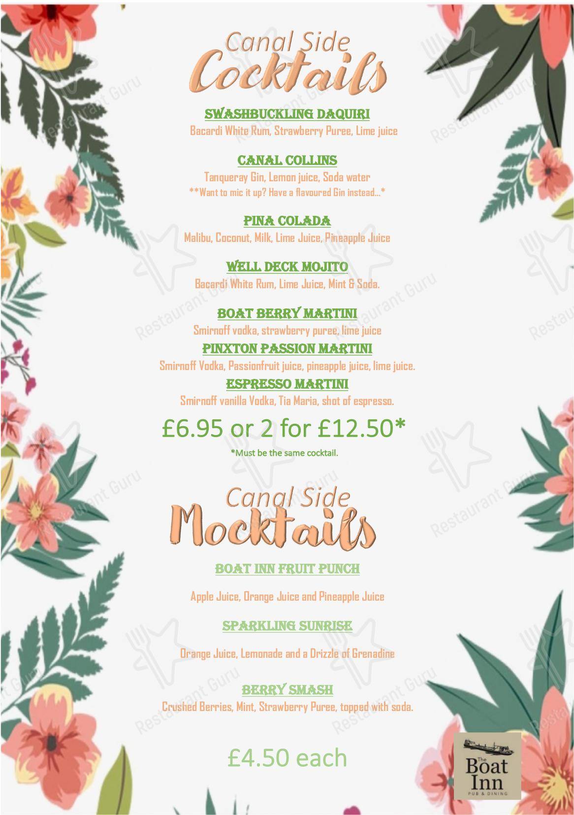 Menu at The Boat Inn restaurant, Sutton-in-Ashfield