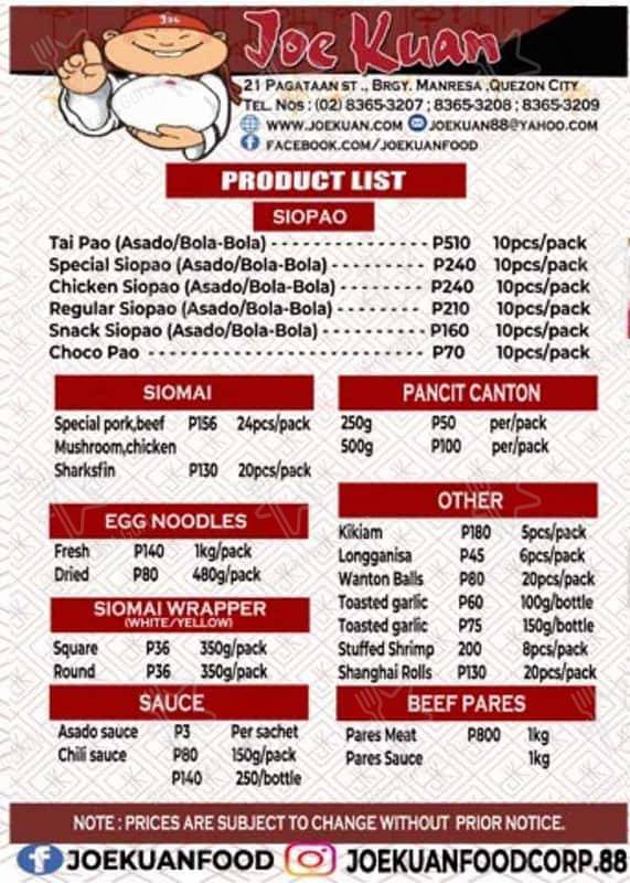 Menu at Joe Kuan restaurant, Manila, 530 Rizal Ave