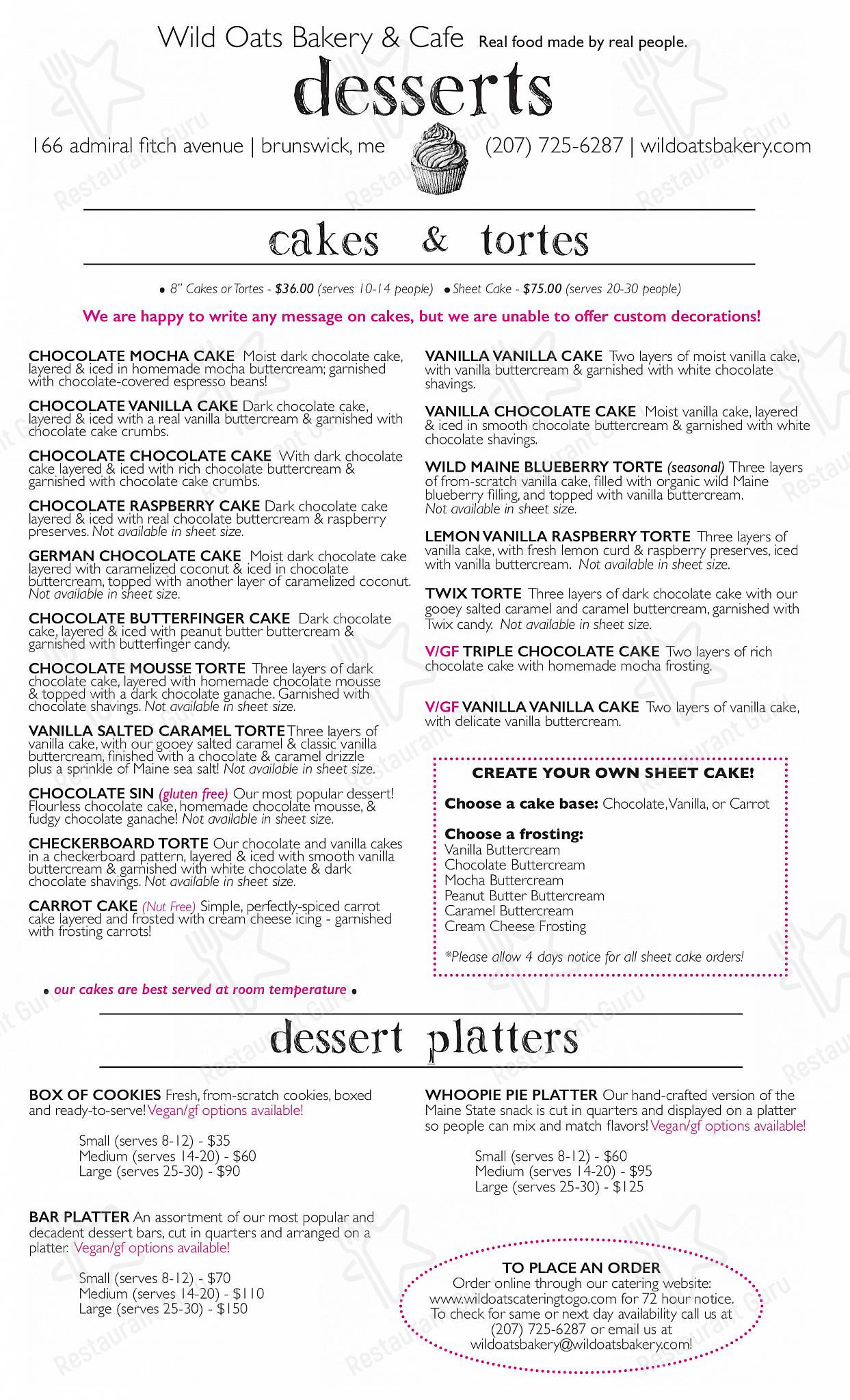 Menu at Wild Oats Bakery & Café, Brunswick, 166 Admiral Fitch Ave