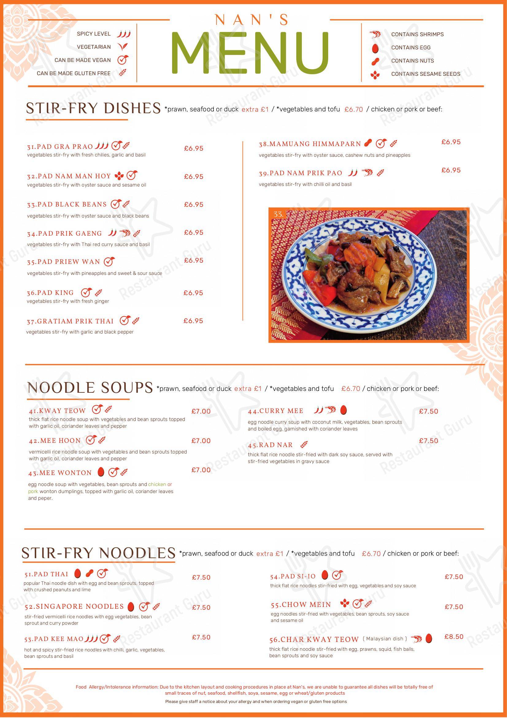 Menu at Nan's Thai Malaysian Cafe, Leeds