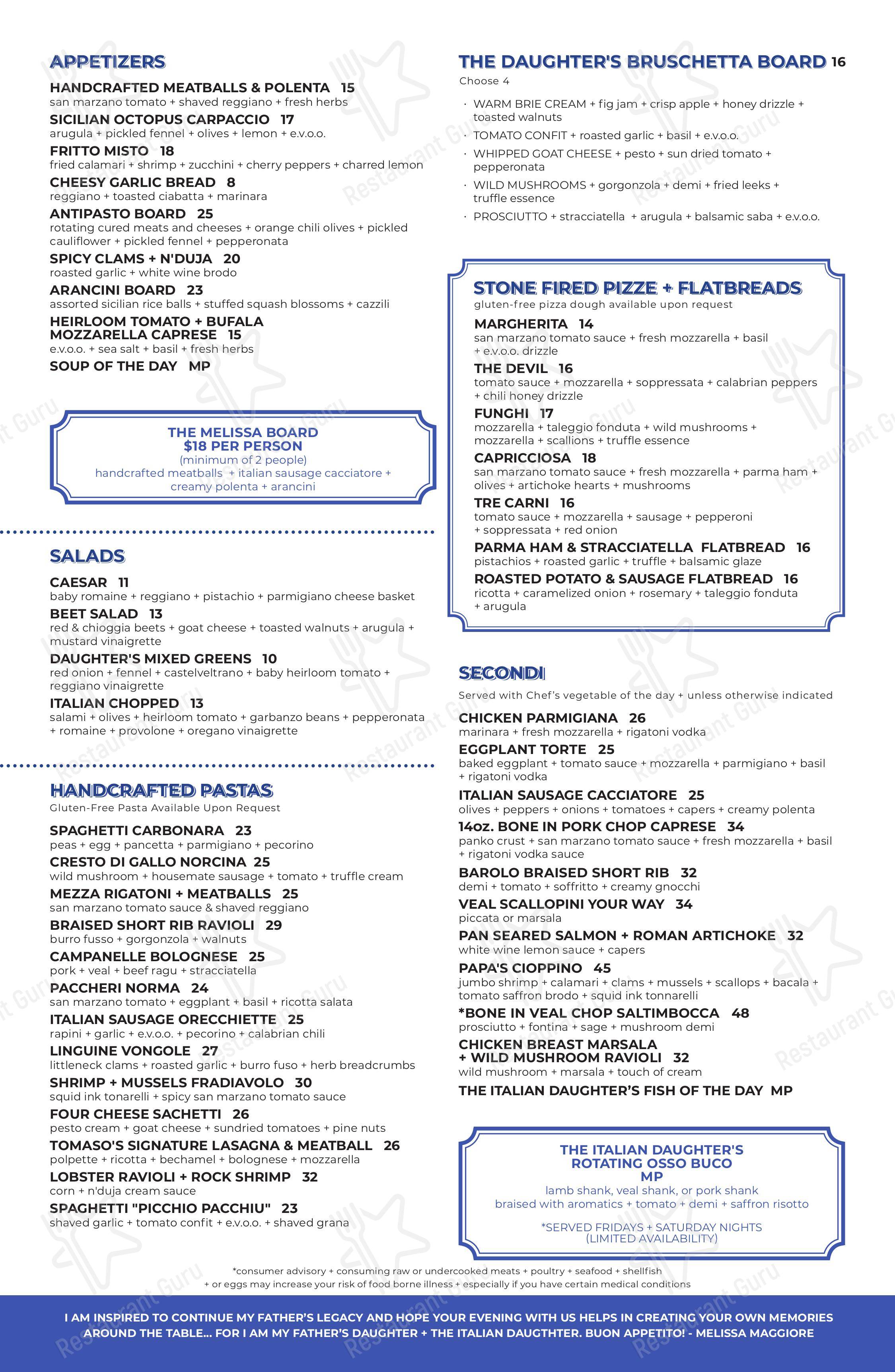 Menu at The Italian Daughter restaurant, Scottsdale