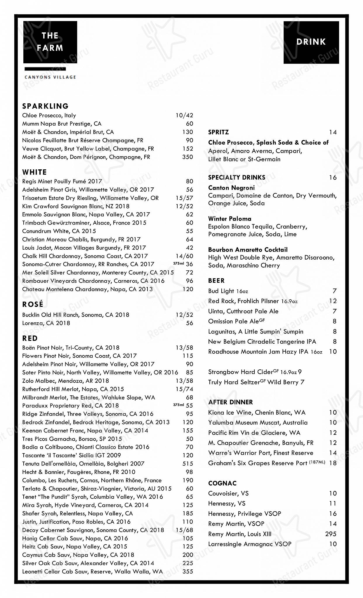 Menu at The Farm Restaurant, Park City