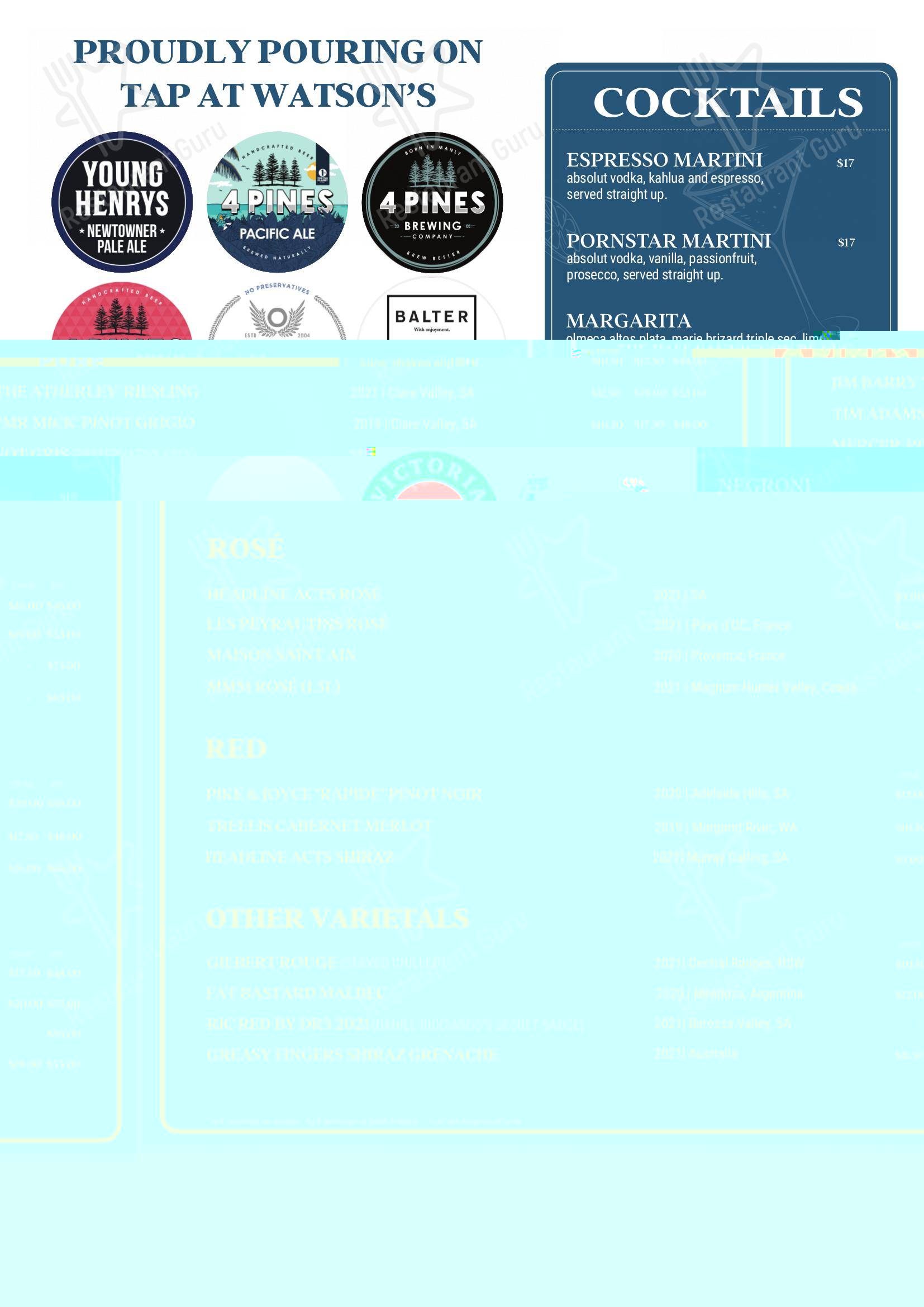 Carta del pub y bar Watson's EQ, Moore Park
