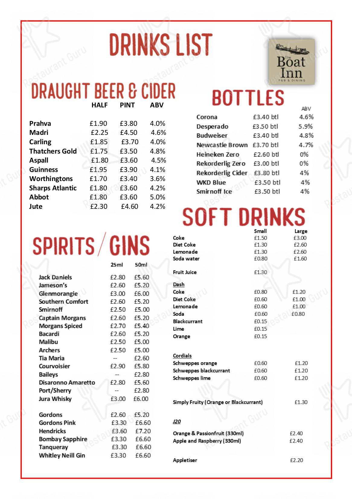 Menu at The Boat Inn restaurant, Sutton-in-Ashfield