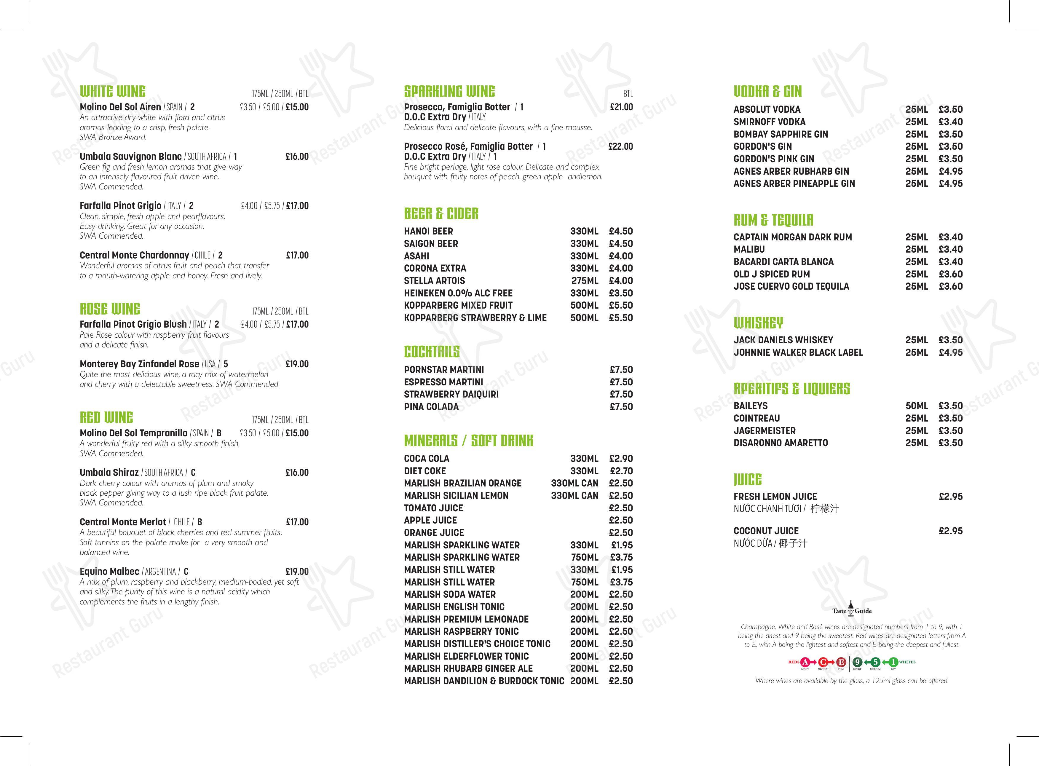 Menu at Wonder Pho restaurant, Nottingham