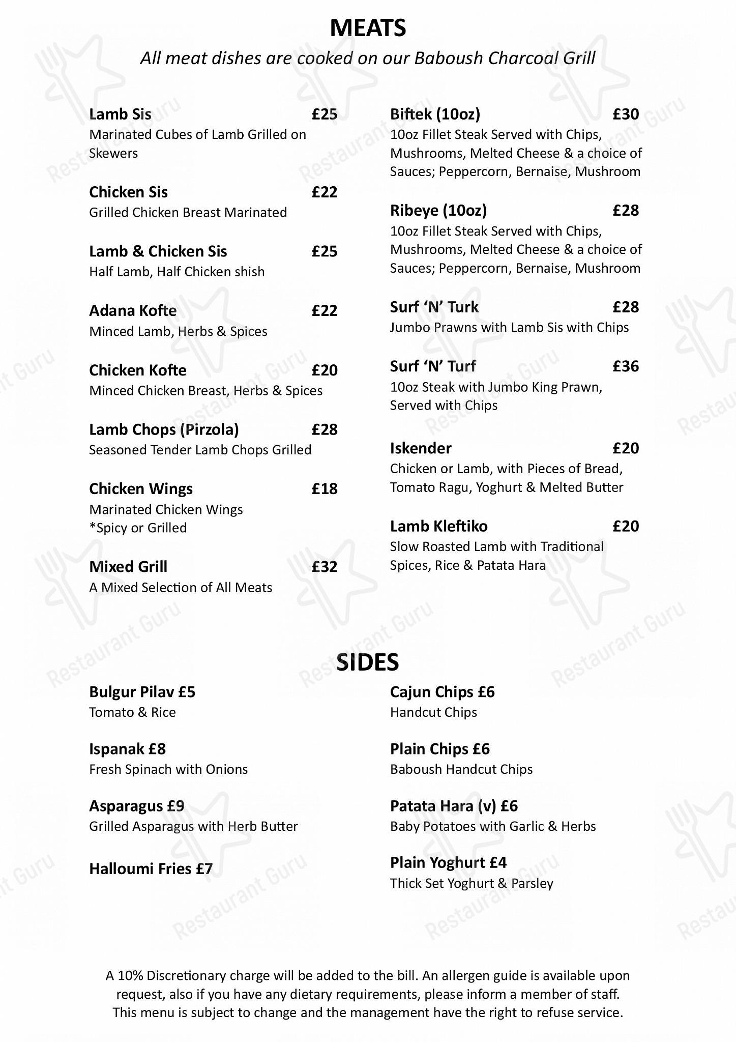 Menu at Baboush Leigh restaurant, Southend-on-Sea