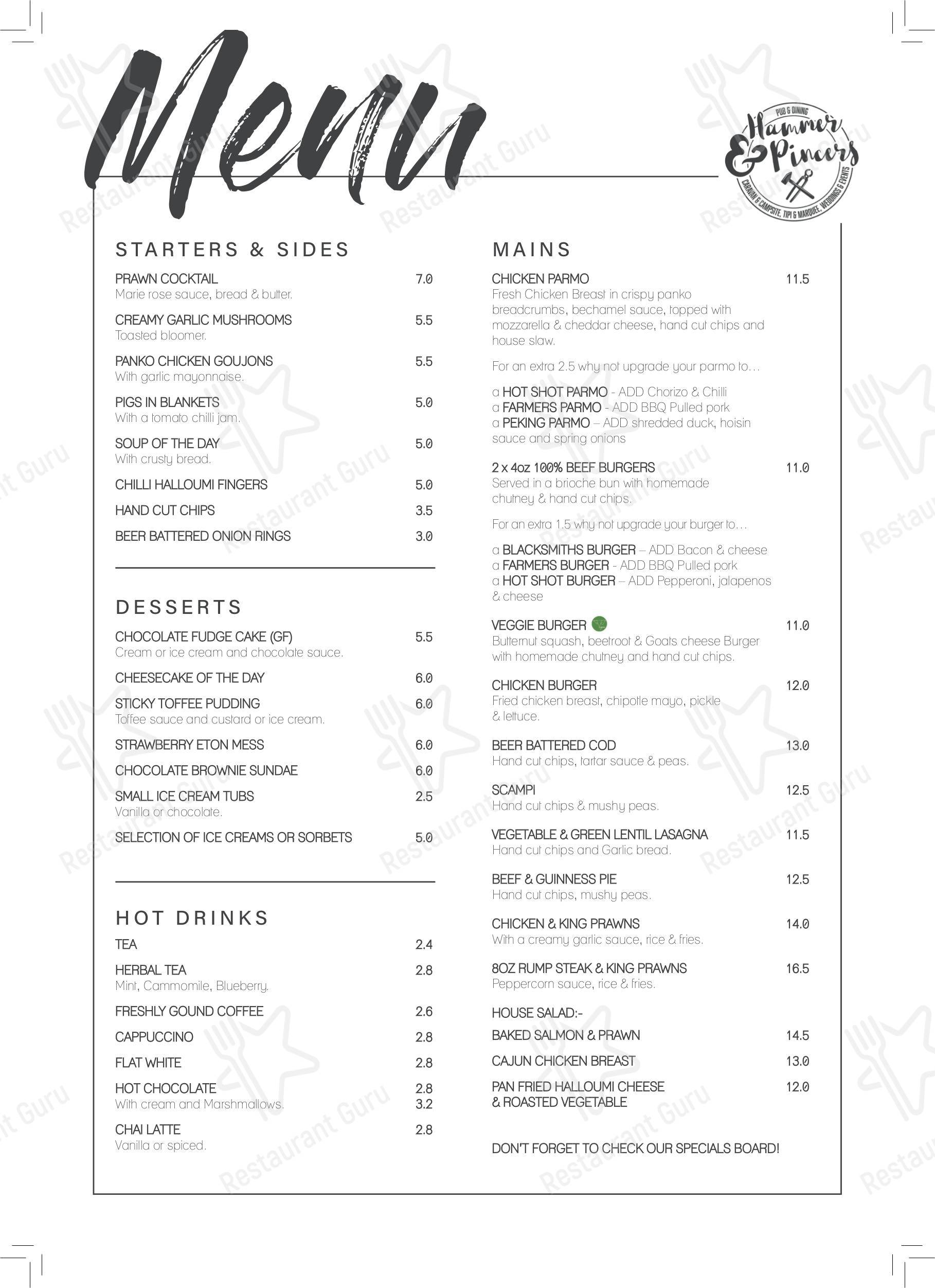Menu at The Hammer and Pincers pub & bar, Newton Aycliffe