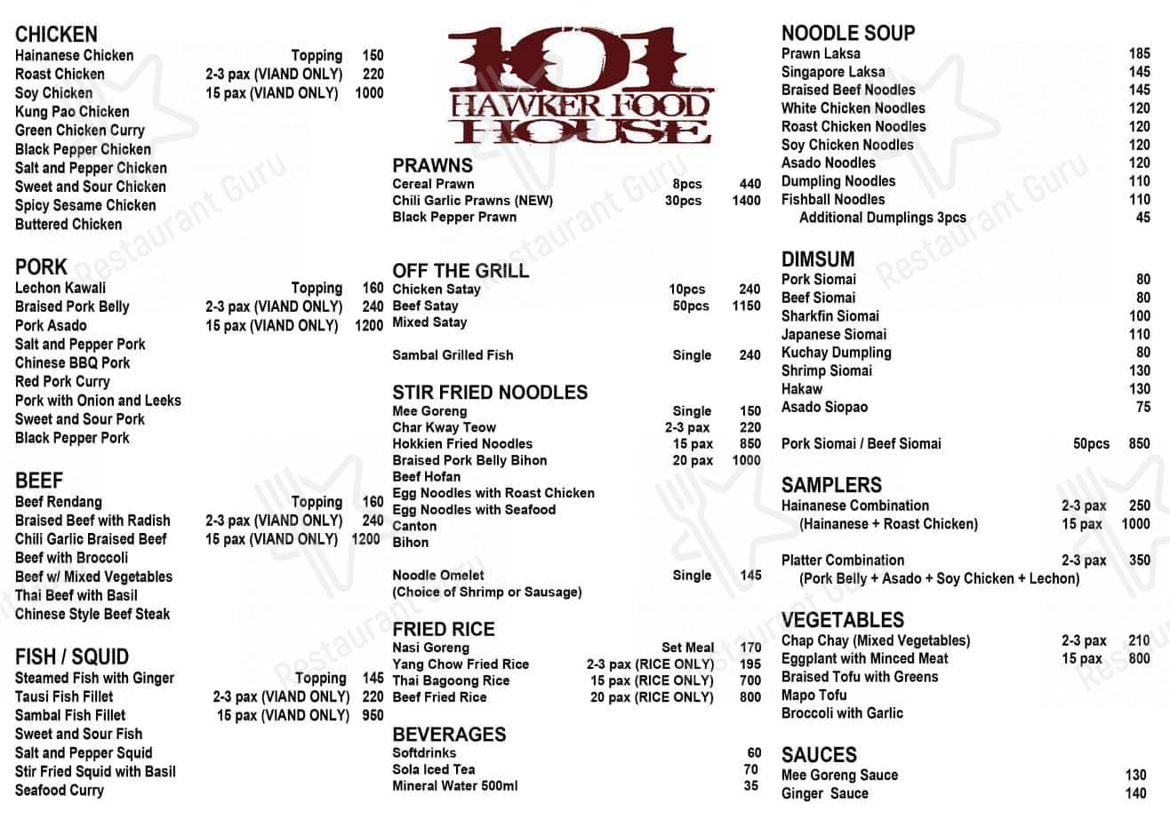 Menu at 101 Hawker Food House - Beacon Tower Branch restaurant, Makati ...