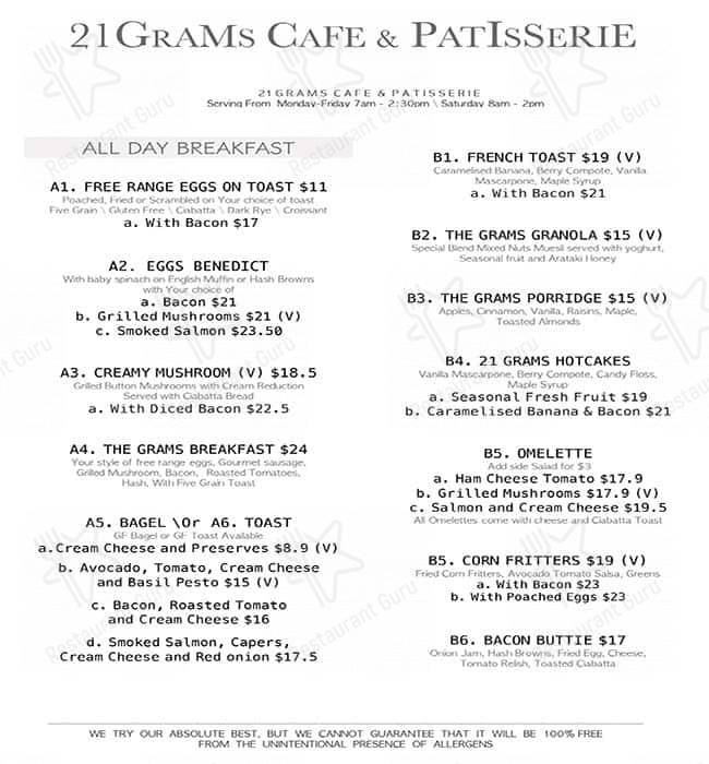 Menu at 21 Grams Cafe & Patisserie, Auckland