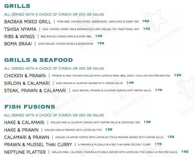Menu at Baobab Café & Grill Wonderboom Junction cafe, Pretoria, Shop G01