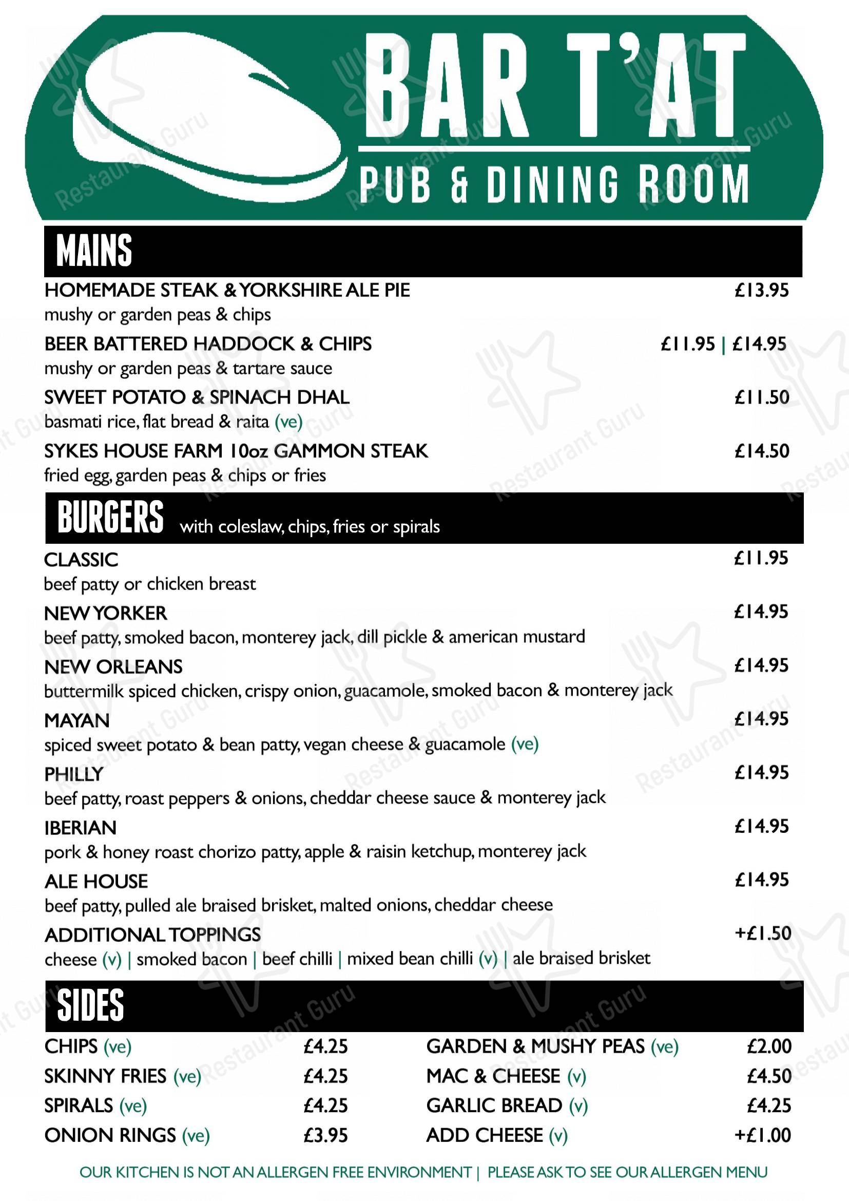 Menu at Bar T'at, Ilkley