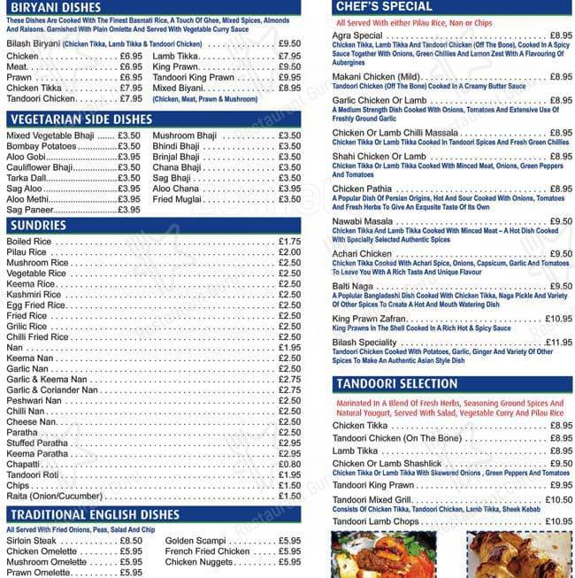 Menu at Bilash Balti House restaurant, Swinton
