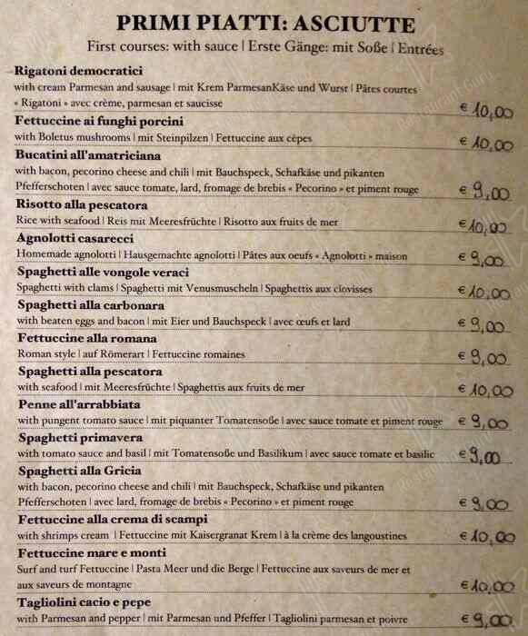 Menu da Capo de Fero Roma ristorante, Roma