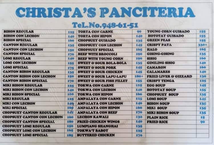 Menu at Christa's Panciteria restaurant, Marikina, 703 J. P. Rizal St