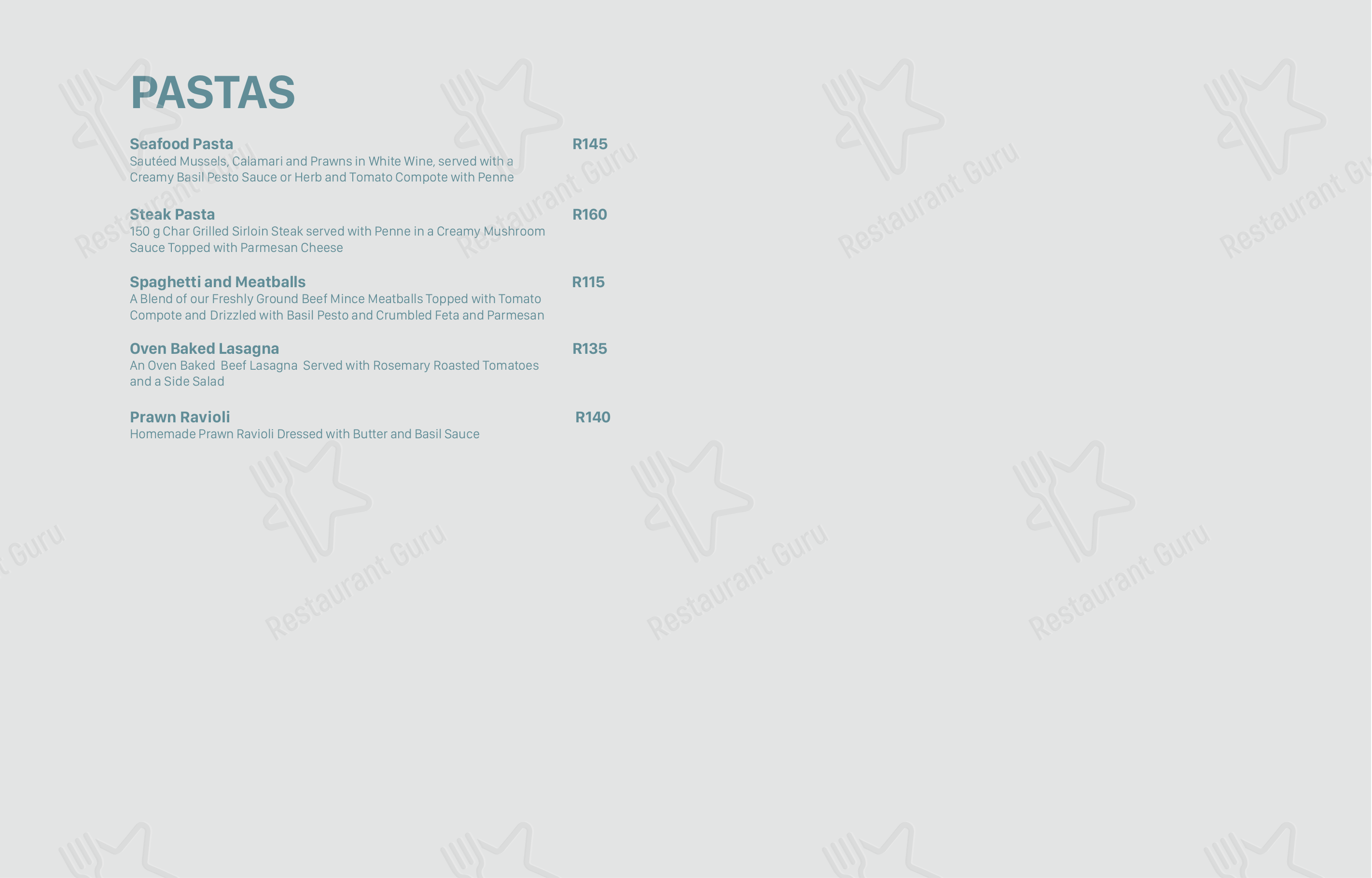 Menu at Cielo Restaurant, Benoni