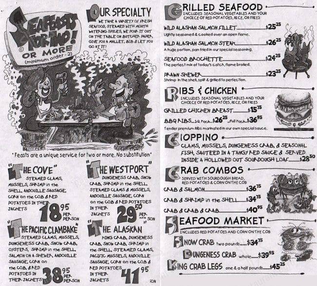 Menu at The Crab Pot Seattle restaurant, Seattle