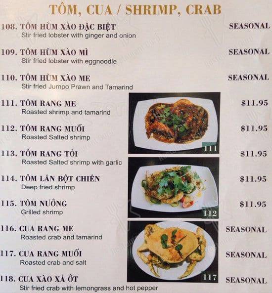 Menu at Dong Que Restaurant, San Jose, 2852 Alum Rock Ave
