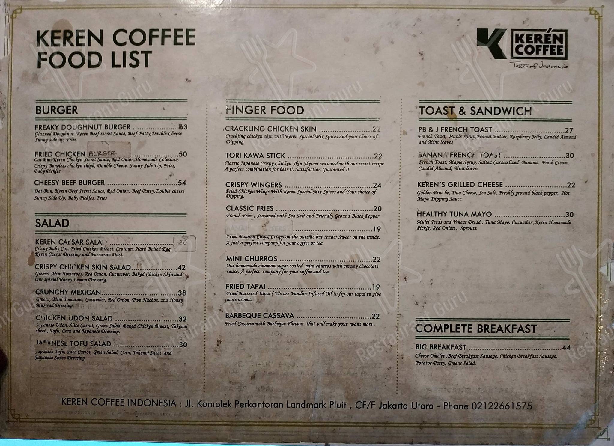 Menu at Kéren Coffee cafe, North Jakarta